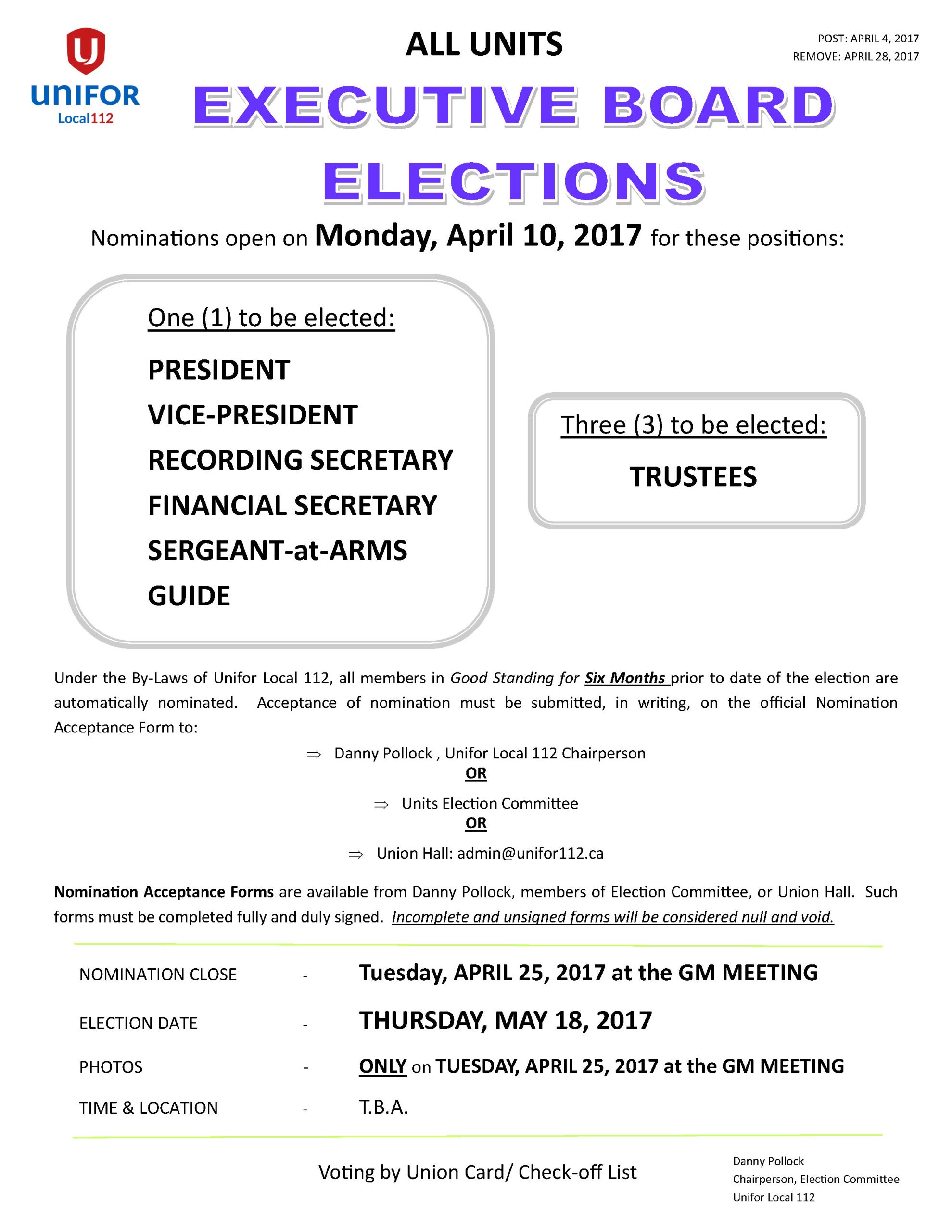 EXECUTIVE BOARD ELECTIONS - Unifor Local 112