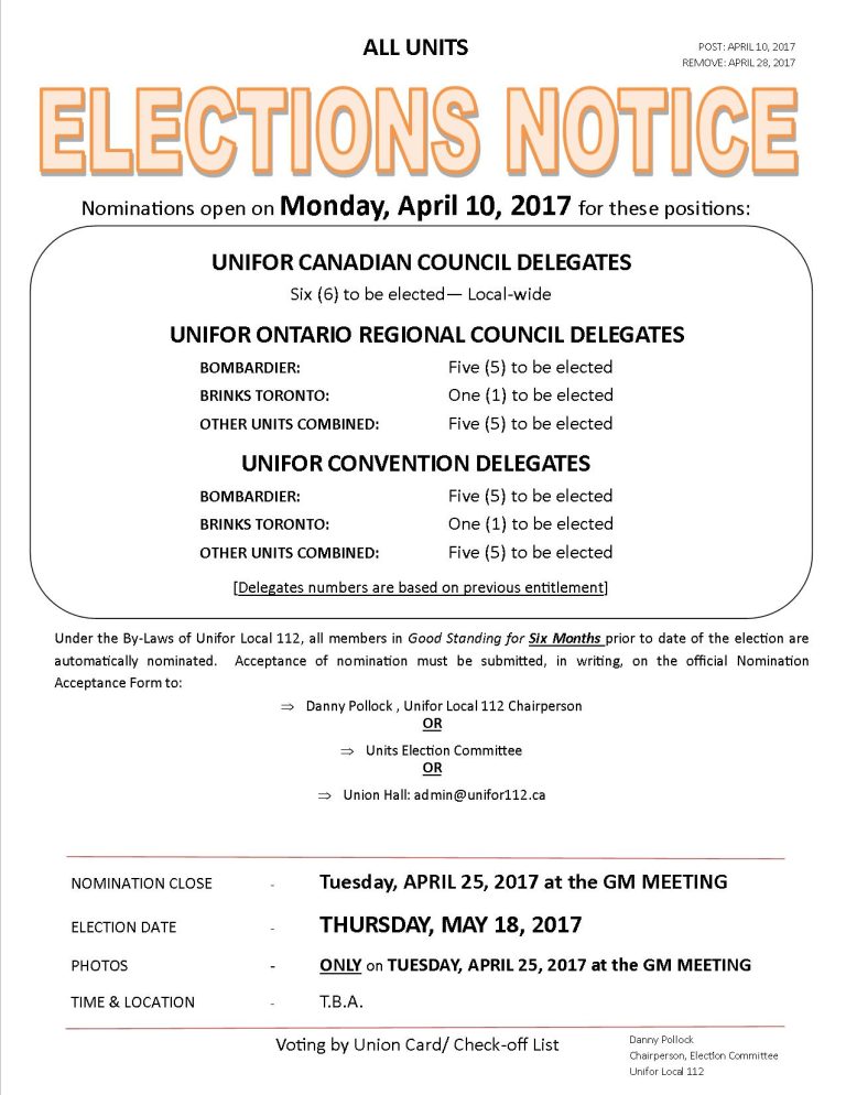 ELECTION NOTICE - Unifor Local 112 ELECTION NOTICE - Unifor Local 112
