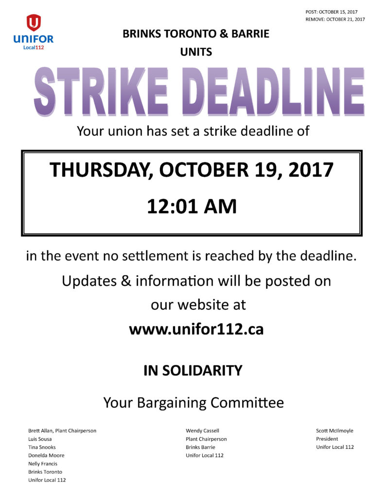 BRINKS TORONTO & BARRIE – STRIKE DEADLINE | UNIFOR Local 112