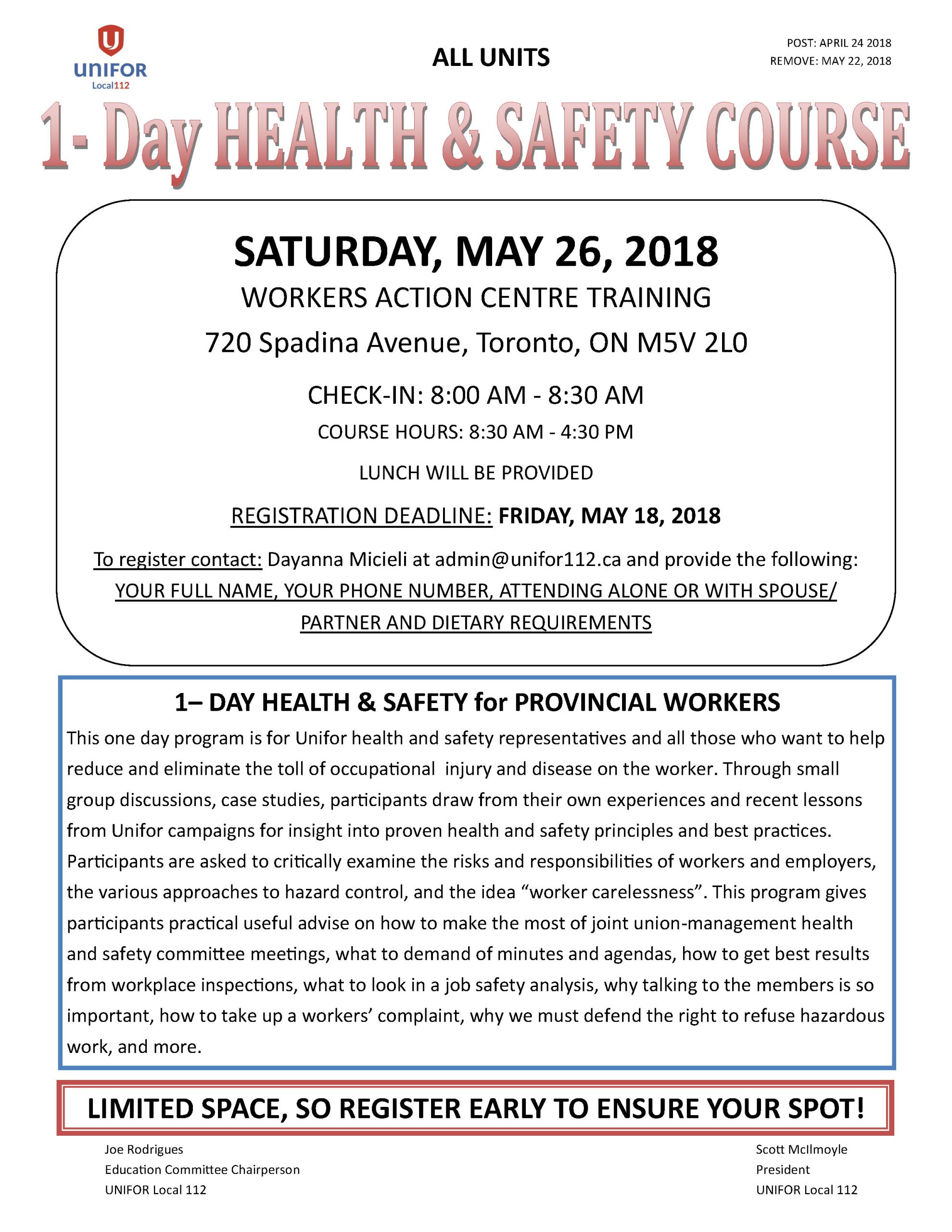 1-DAY HEALTH & SAFETY COURSE - Unifor Local 112