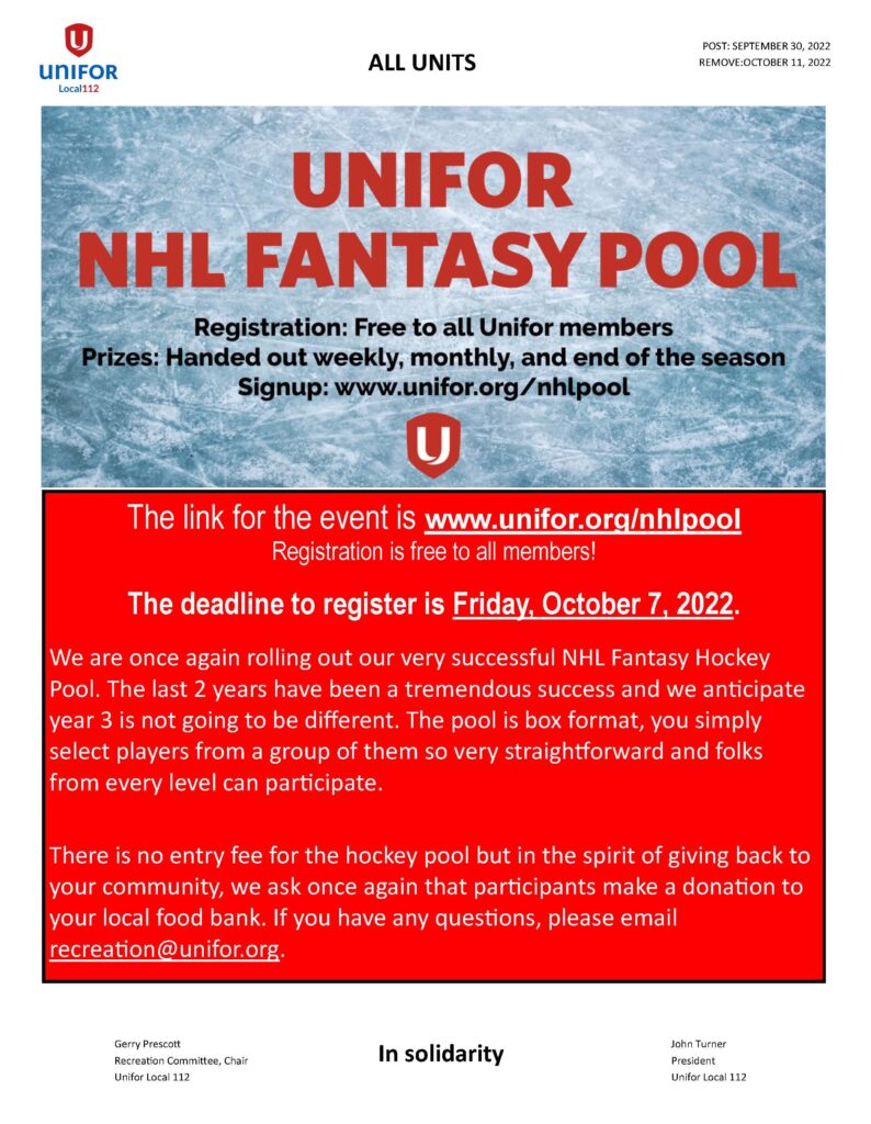 UNIFOR NHL FANTASY POOL | UNIFOR Local 112