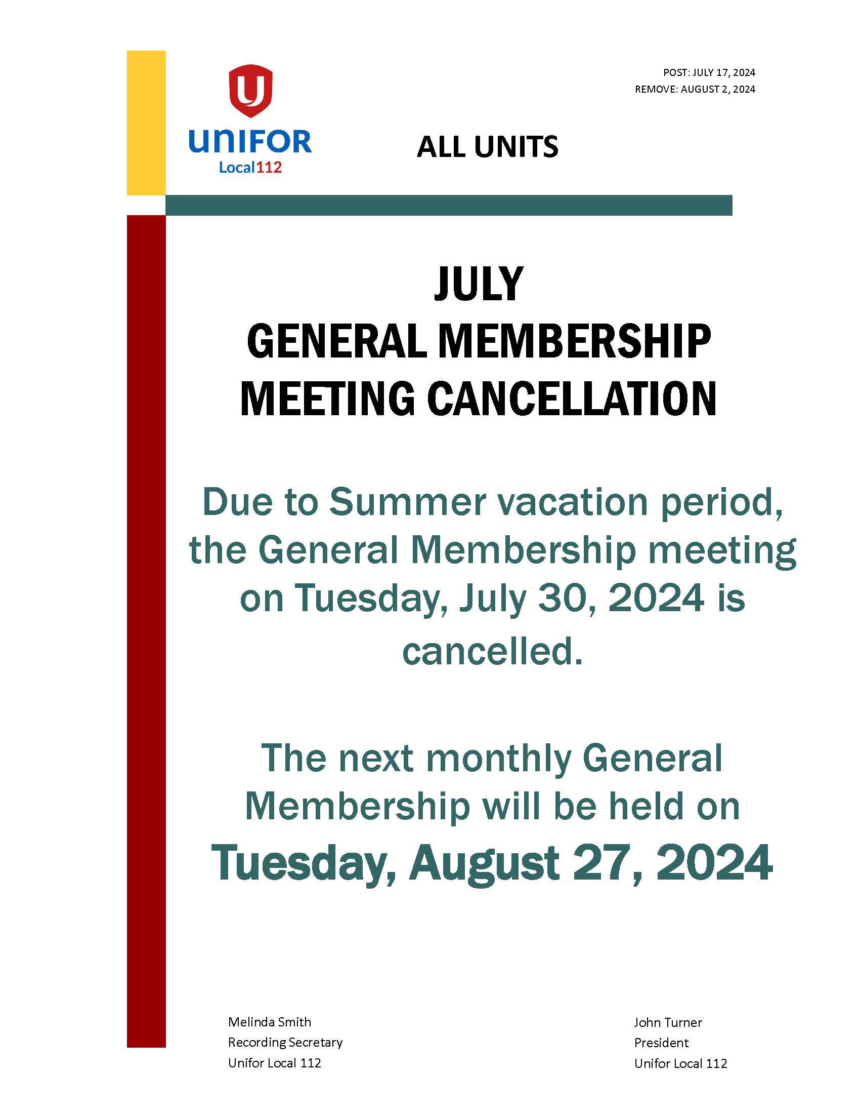CANCELLATION NOTICE- JULY GMM - Unifor Local 112