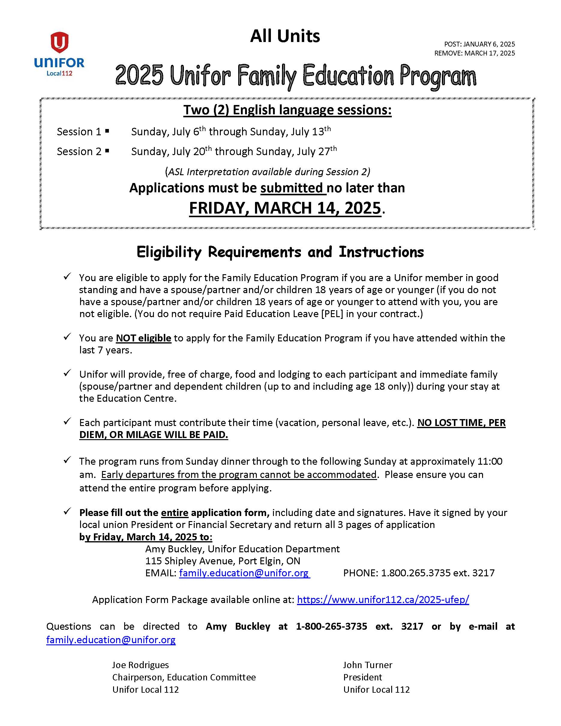 2025 UNIFOR FAMILY EDUCATION PROGRAM - Unifor Local 112