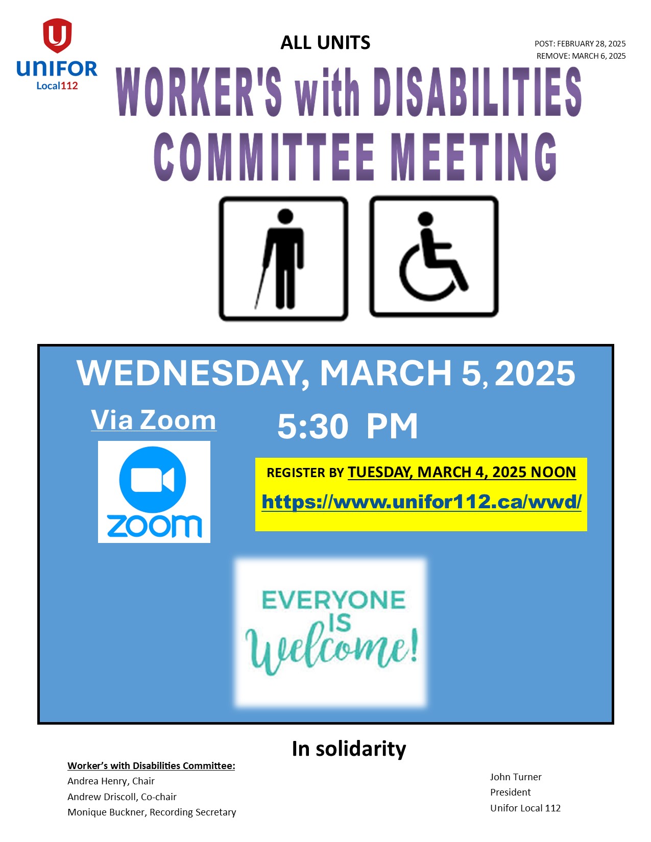 WORKER'S with DISABILITIES COMMITTEE MEETING - Unifor Local 112