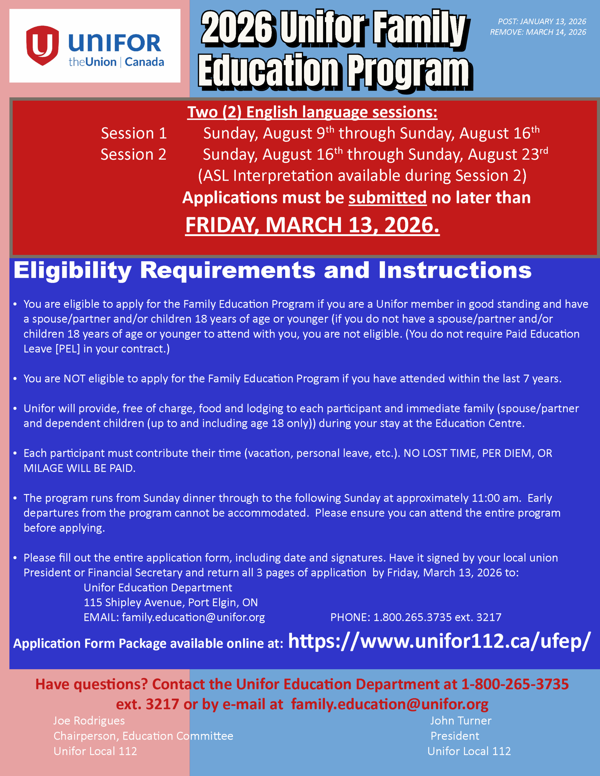 2026 UNIFOR FAMILY EDUCATION PROGRAM - Unifor Local 112